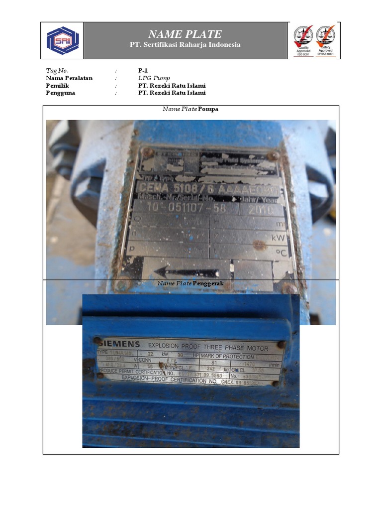 Name Plate Pump P-1 PDF | PDF