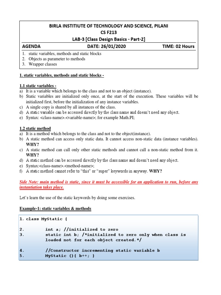 LAB - 03 (Static Variables, Methods, and Blocks, Object As Parameter ...