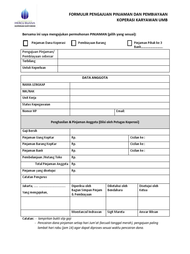 Formulir Pengajuan Pinjaman Koperasi | PDF | Pengelolaan Keuangan & Uang