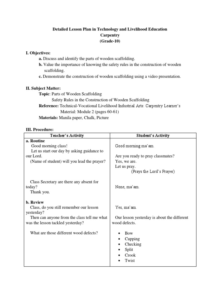 DLP-TLE (Carpentry 10) Parts of Wooden Scaffolding | PDF | Scaffolding