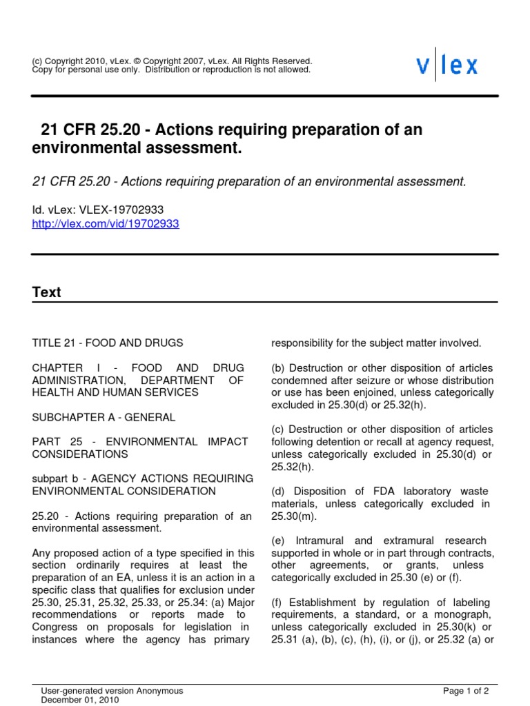 21 CFR 25.20 - Actions Requiring Preparation of An Environmental ...