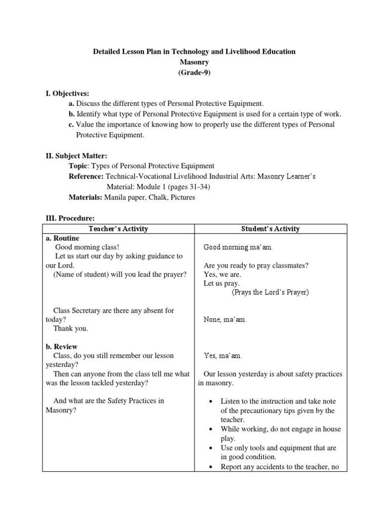 DLP-TLE (Masonry 9) | PDF | Personal Protective Equipment | Prevention