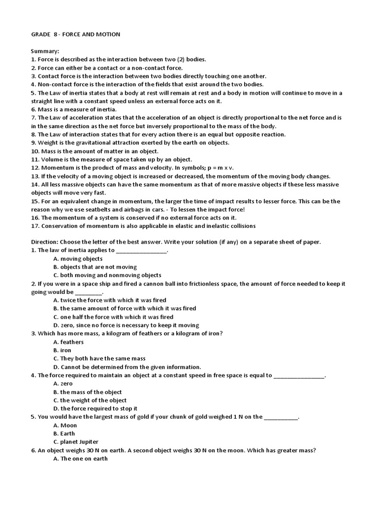 Grade 8 Reviewer - Force and Motion | PDF | Force | Momentum