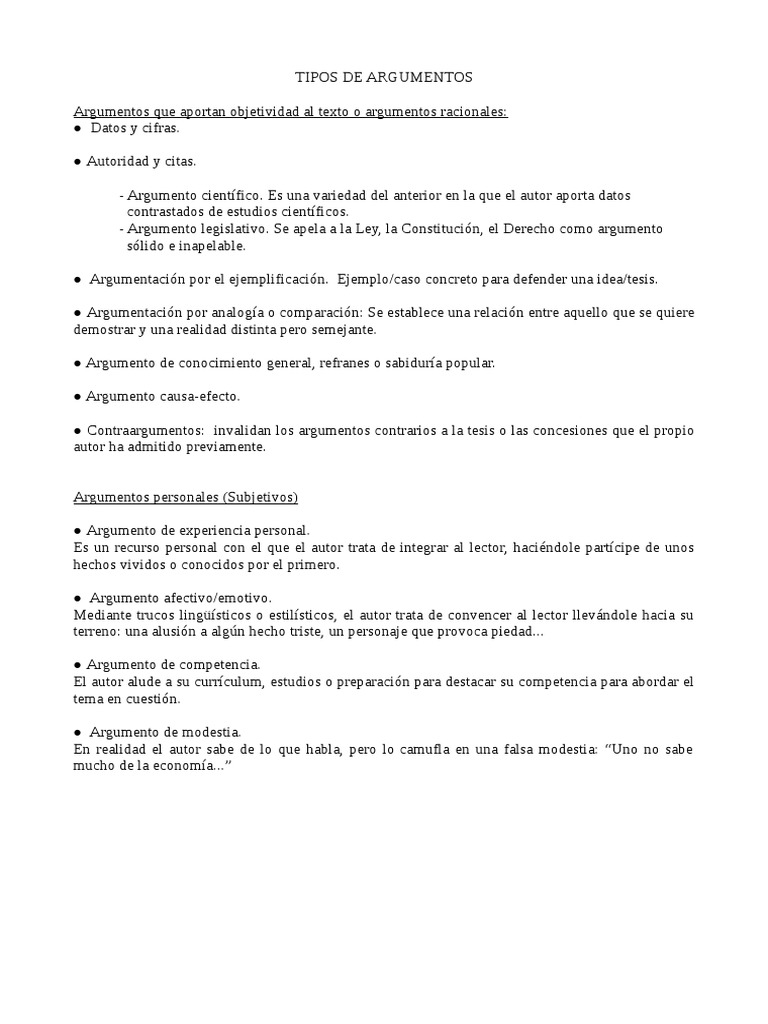 TIPOS DE ARGUMENTOS 2º Bach | PDF