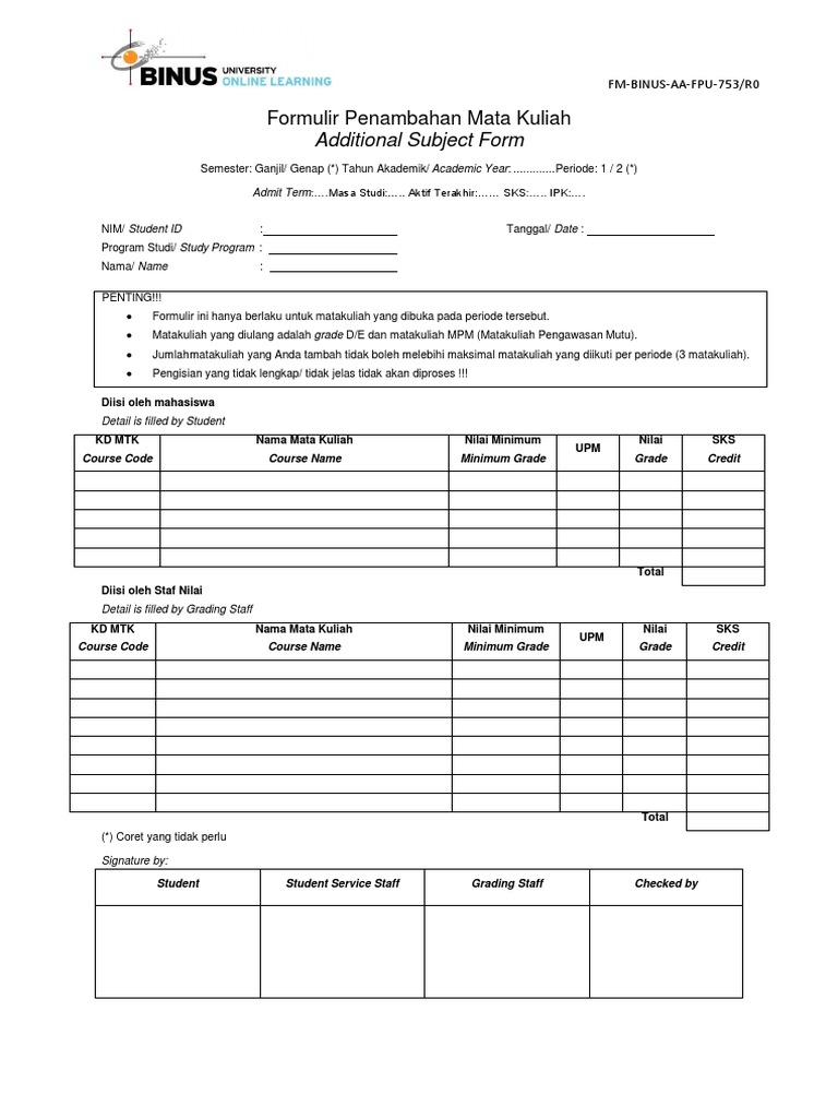 Form Penambahan Mata Kuliah - S1 Binus Online Learning | PDF