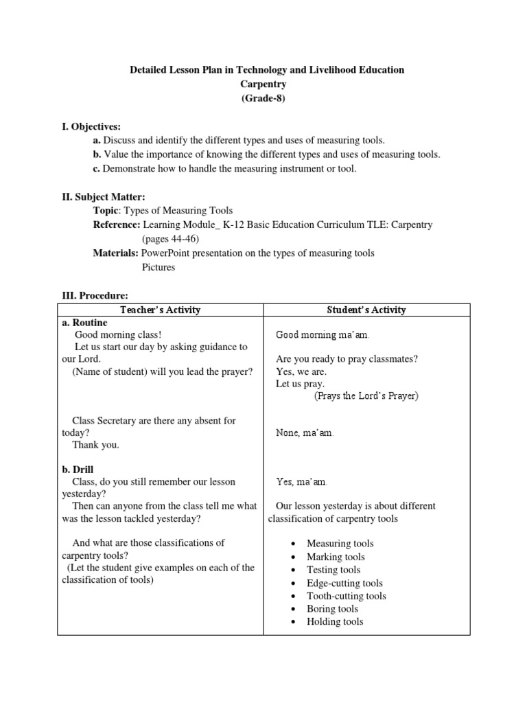 Dlp-Tle Carpentry 8 Types of Measuring Tools | PDF | Tools | Teaching ...