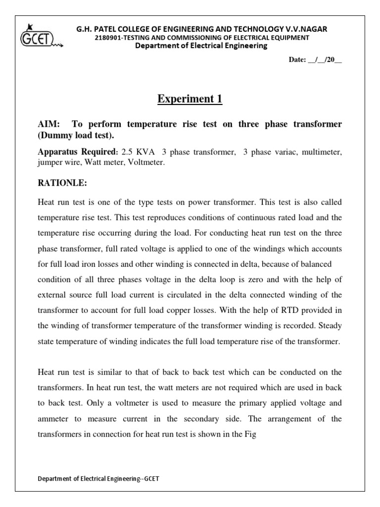 Ex-1 Temperature Rise Test On Transformer | PDF | Transformer | Electricity