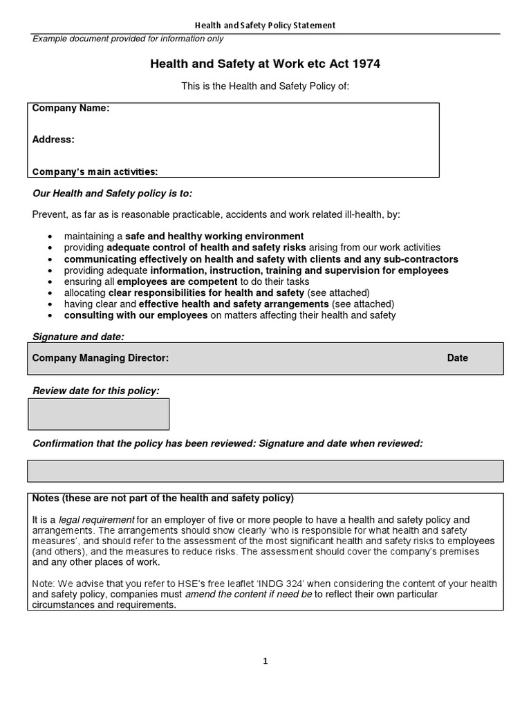 Health and Safety Policy Document | PDF | Occupational Safety And ...