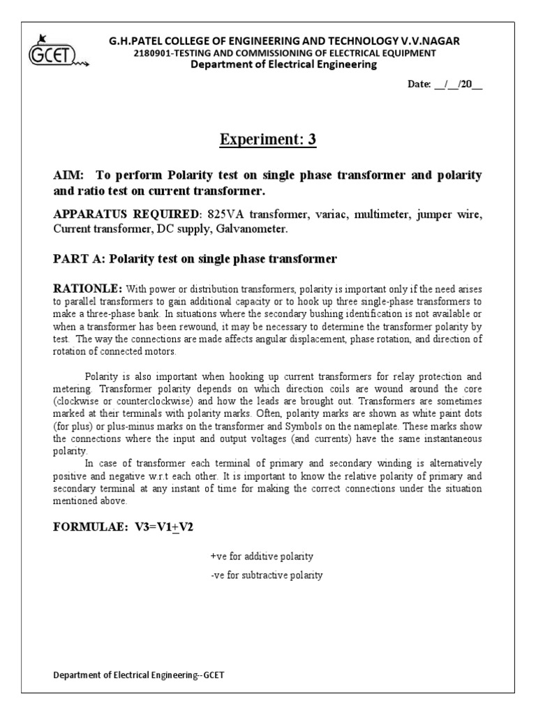 Single Phase Transformer Polarity Test | PDF | Transformer | Voltage