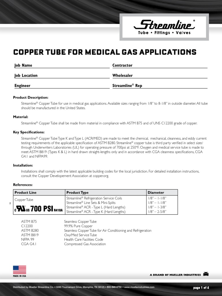 Streamline Copper Tube Medical Gas Submittal Sheet 1596827 | PDF ...