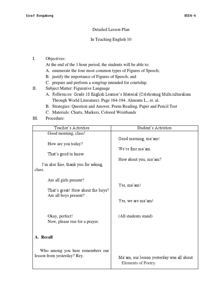 Grade 10 English Lesson Plan: Figurative Language | PDF | Lesson Plan ...