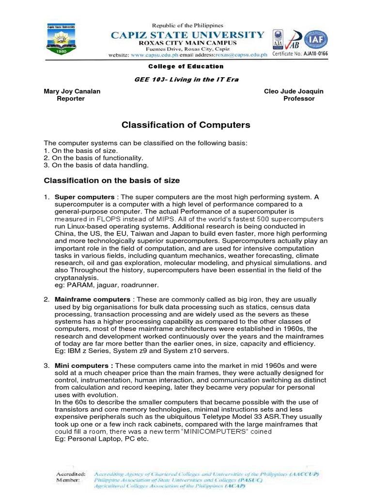 Classification of Computers Explained | PDF | Supercomputer ...