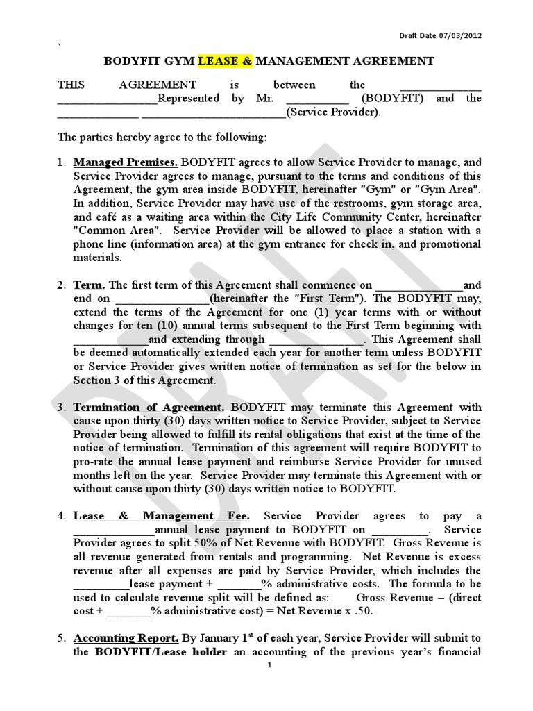 Bodyfit Gym Lease & Management Agreement | PDF | Revenue | Lease