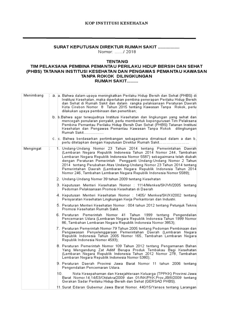 Contoh SK RUMAH SAKIT PHBS Institusi Kesehatan 1 | PDF | Griya & Taman | Kesehatan Holistik
