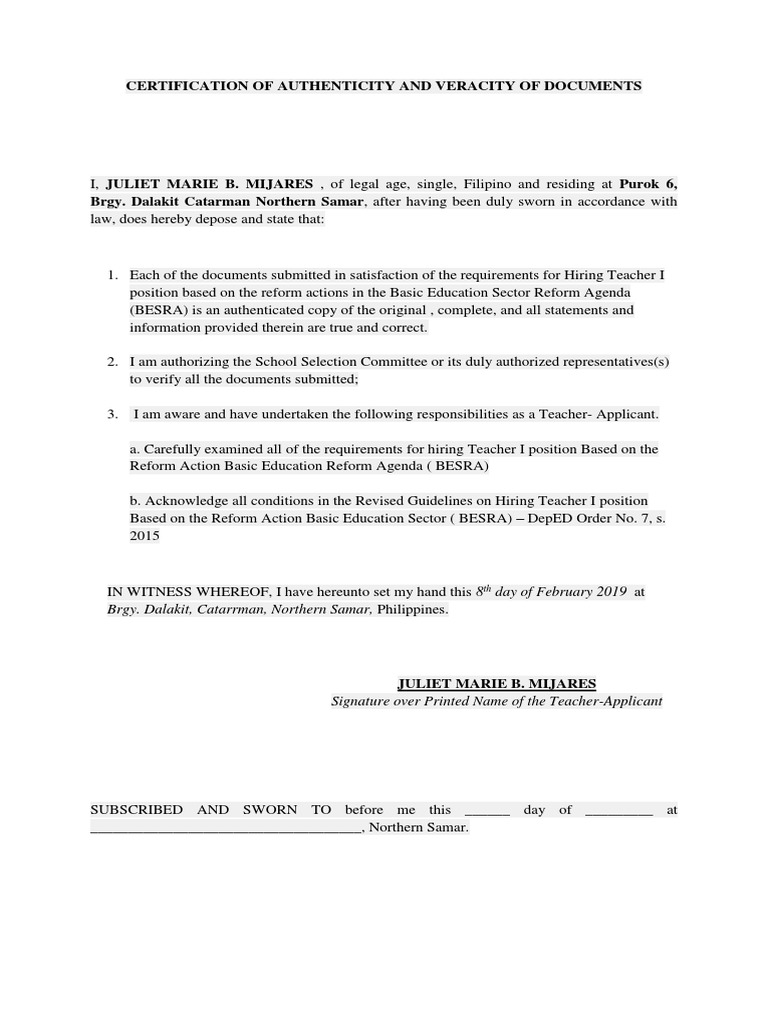 Omnibus CERTIFICATION OF AUTHENTICITY AND VERACITY OF DOCUMENTS | PDF