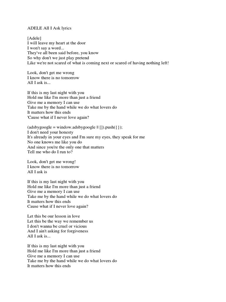 ADELE All I Ask Lyrics | PDF