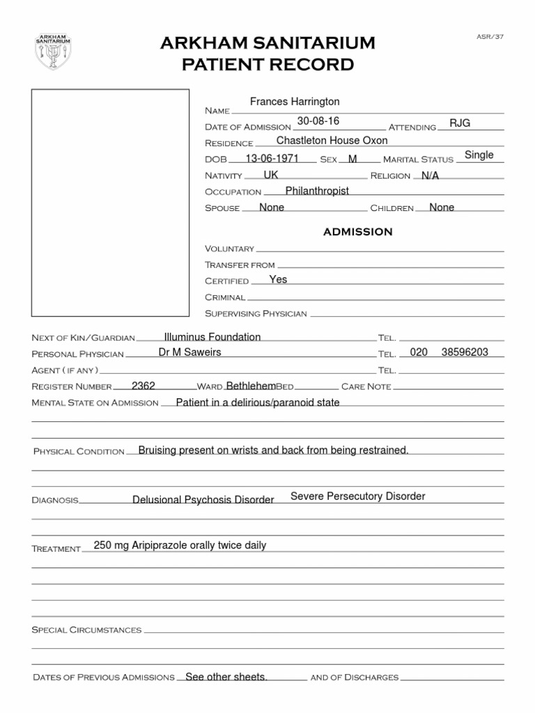 Arkham Sanitarium Patient Record W - Photo | PDF