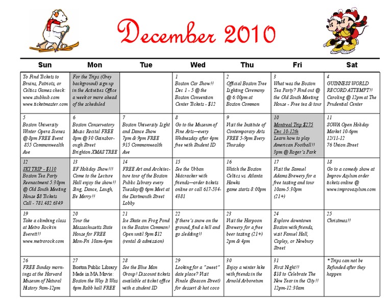 December Calendar 2010 | PDF | Boston | Leisure