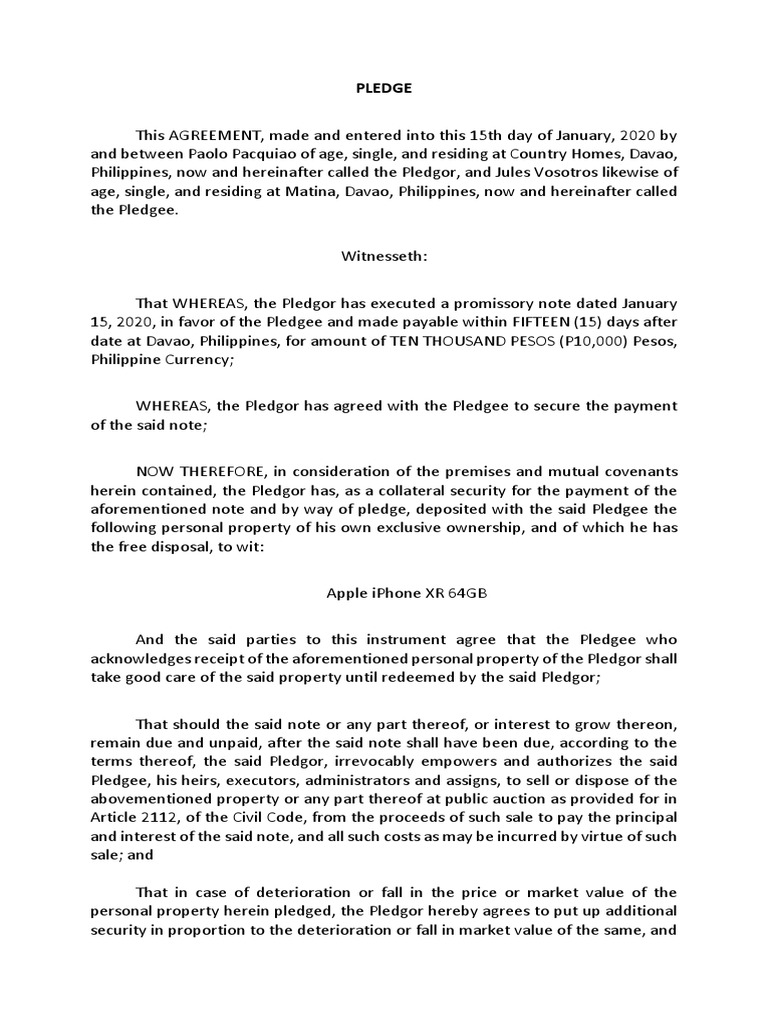 PLEDGE Sample Philippines | PDF | Promissory Note | Property