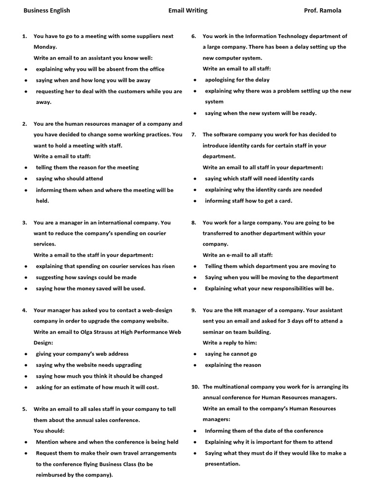 Email Writing Exercises for Business | PDF | Computing | Business