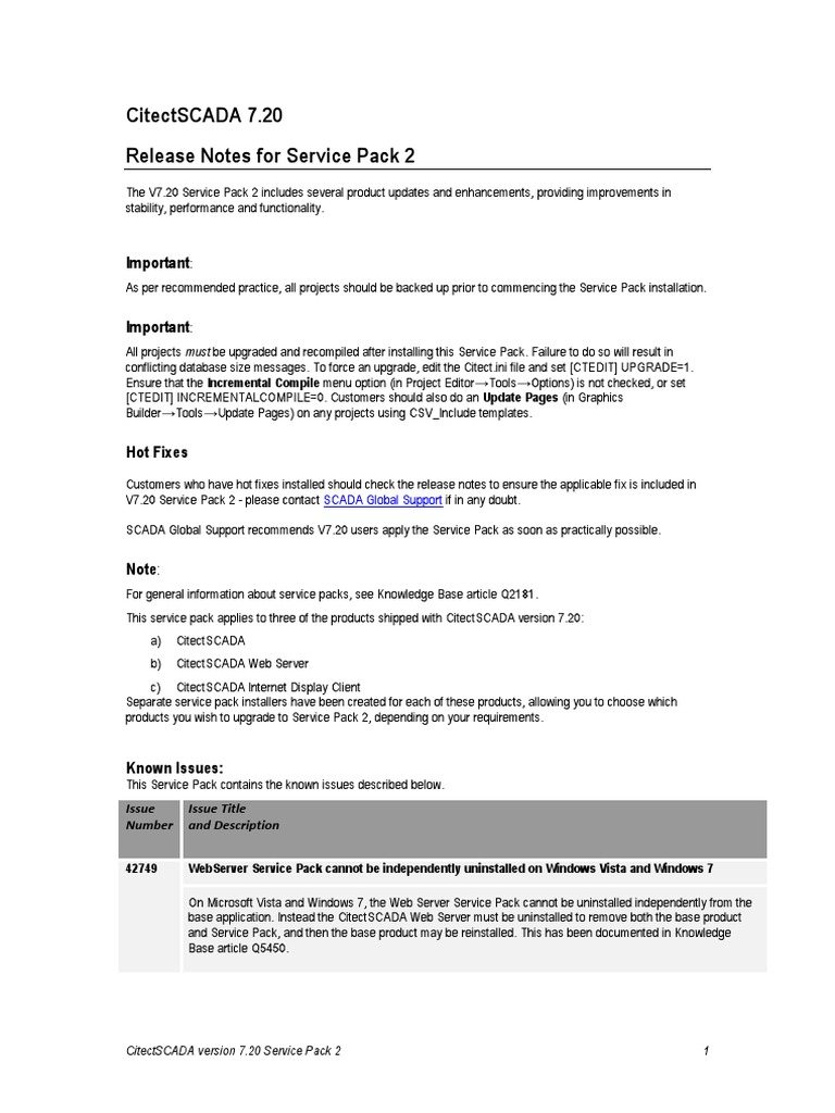 CitectSCADA 7.20 Service Pack 2 - Release Notes PDF | PDF | Windows ...