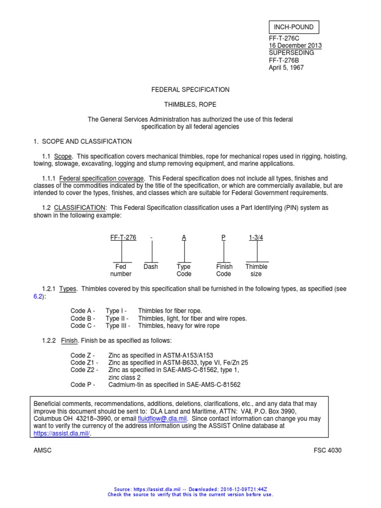 Us Fed Spec Ff-t-276b - Thimbles, Rope | PDF | Specification (Technical Standard) | Business