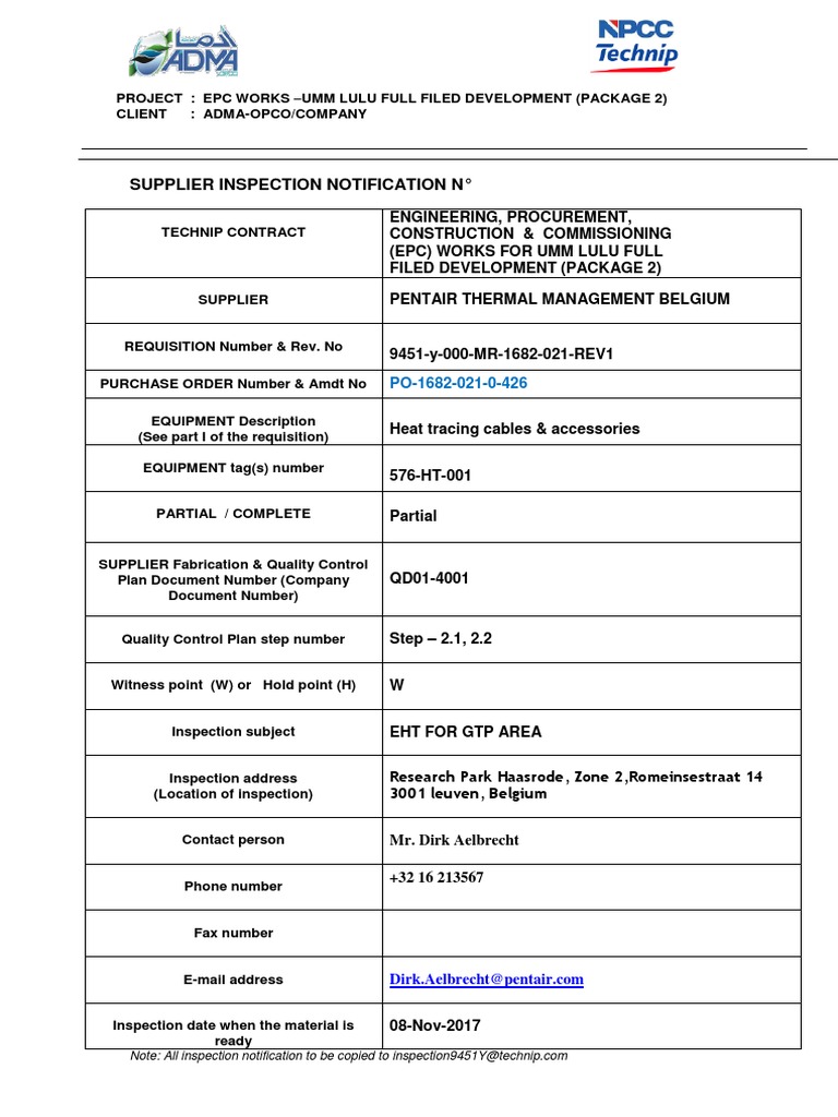 Inspection Notification (EHT Items) - FOR GTP AREA | PDF | Manufactured ...