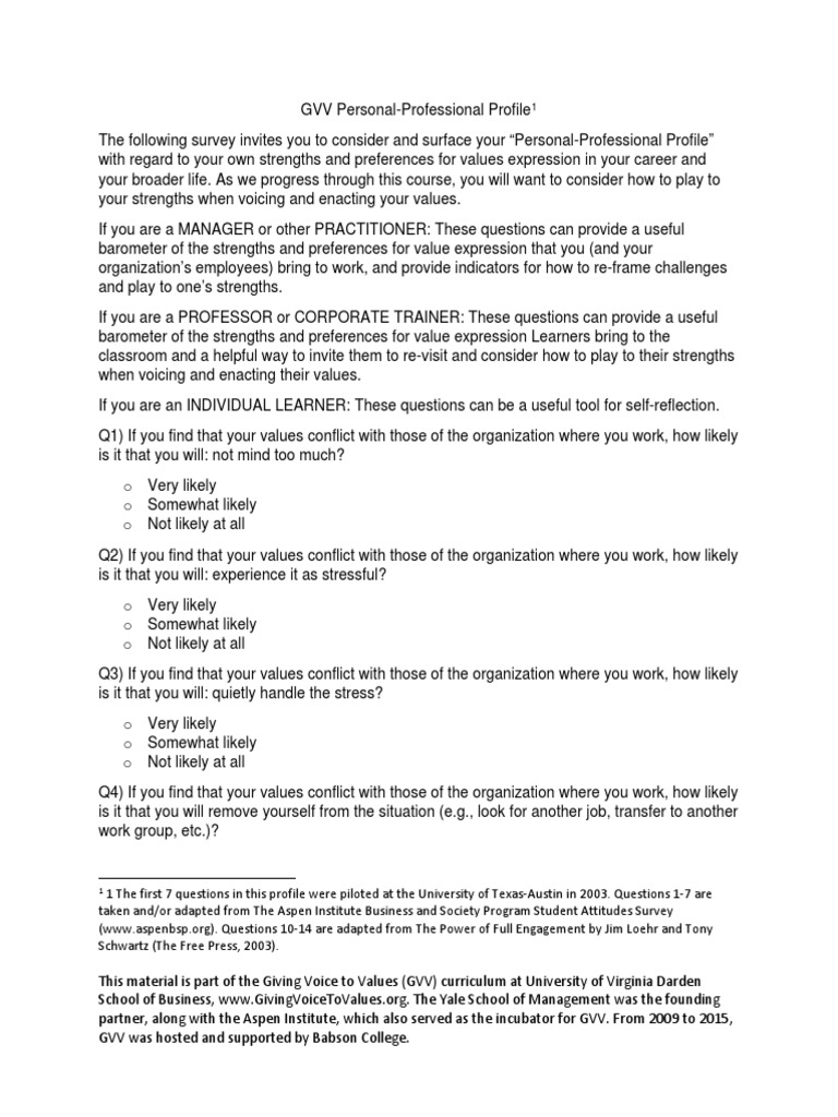 GVV Personal-Professional Profile Survey | PDF | Risk | Cognition