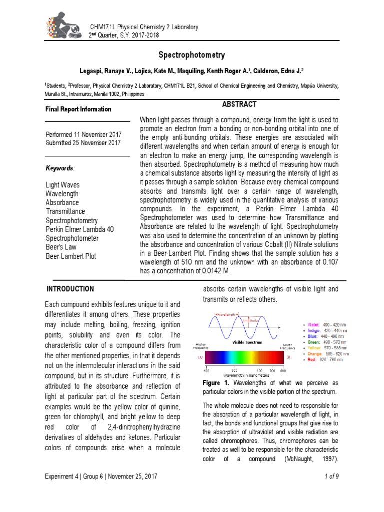 Experiment 4 Pdf Spectrophotometry Ultraviolet Visible Spectroscopy