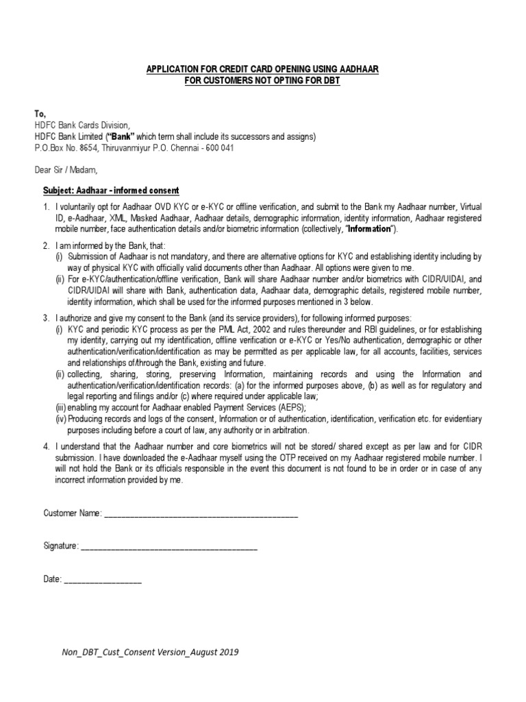Non-DBT Customers - Aadhaar Consent - Version - August19 | PDF ...