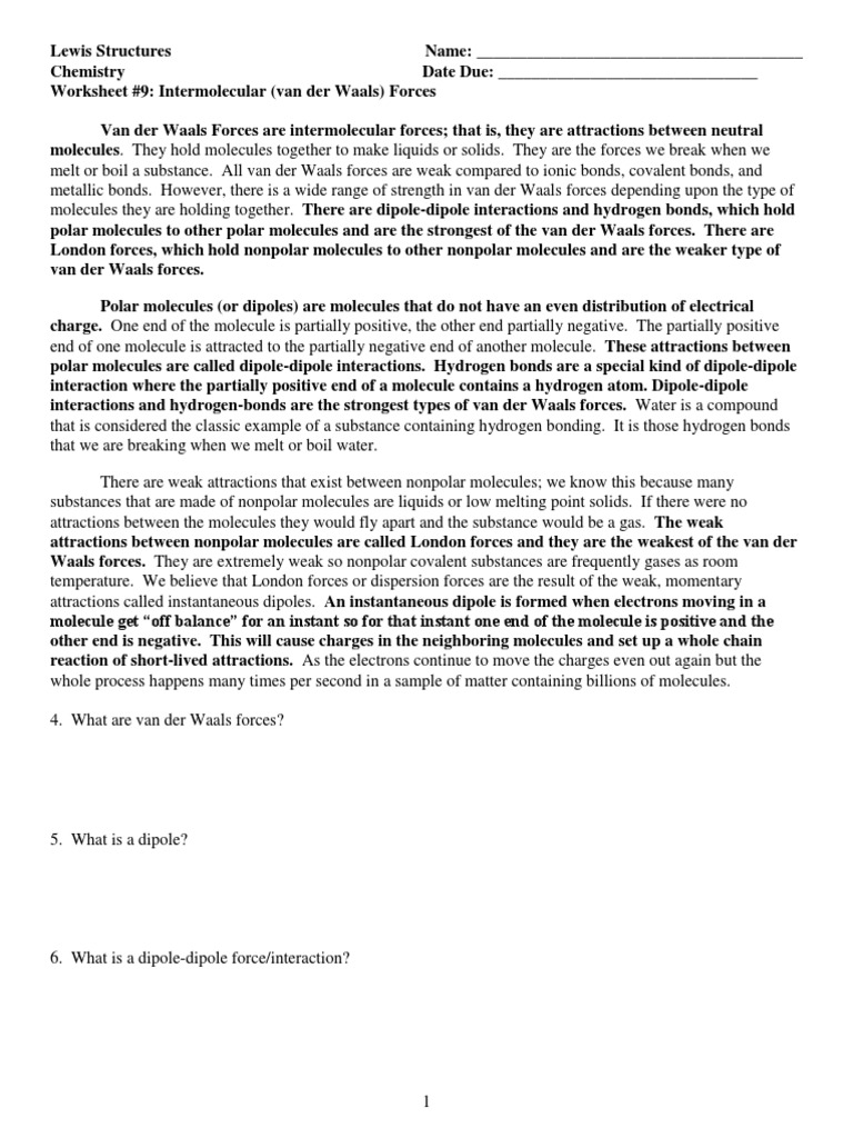 Intermolecular Forces Worksheet | PDF | Chemical Polarity ...
