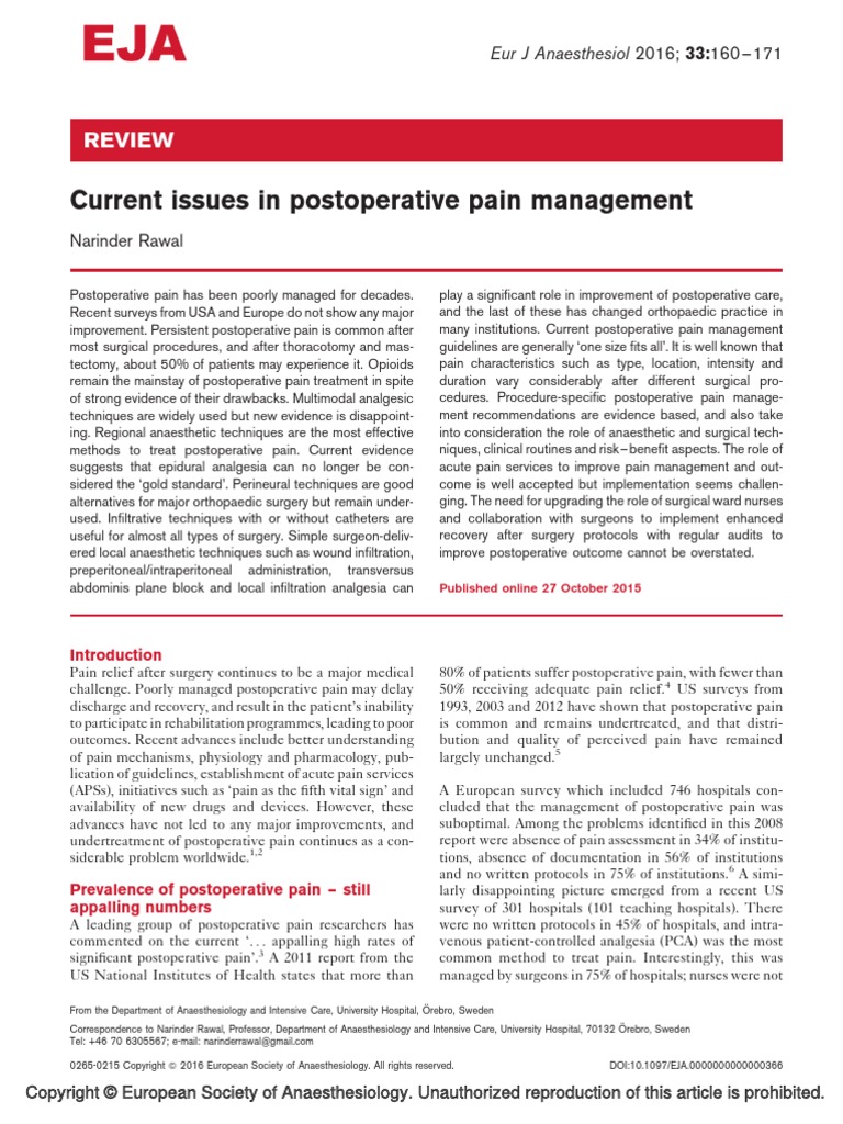 Current Issues in Postoperative Pain Management PDF | PDF | Analgesic ...