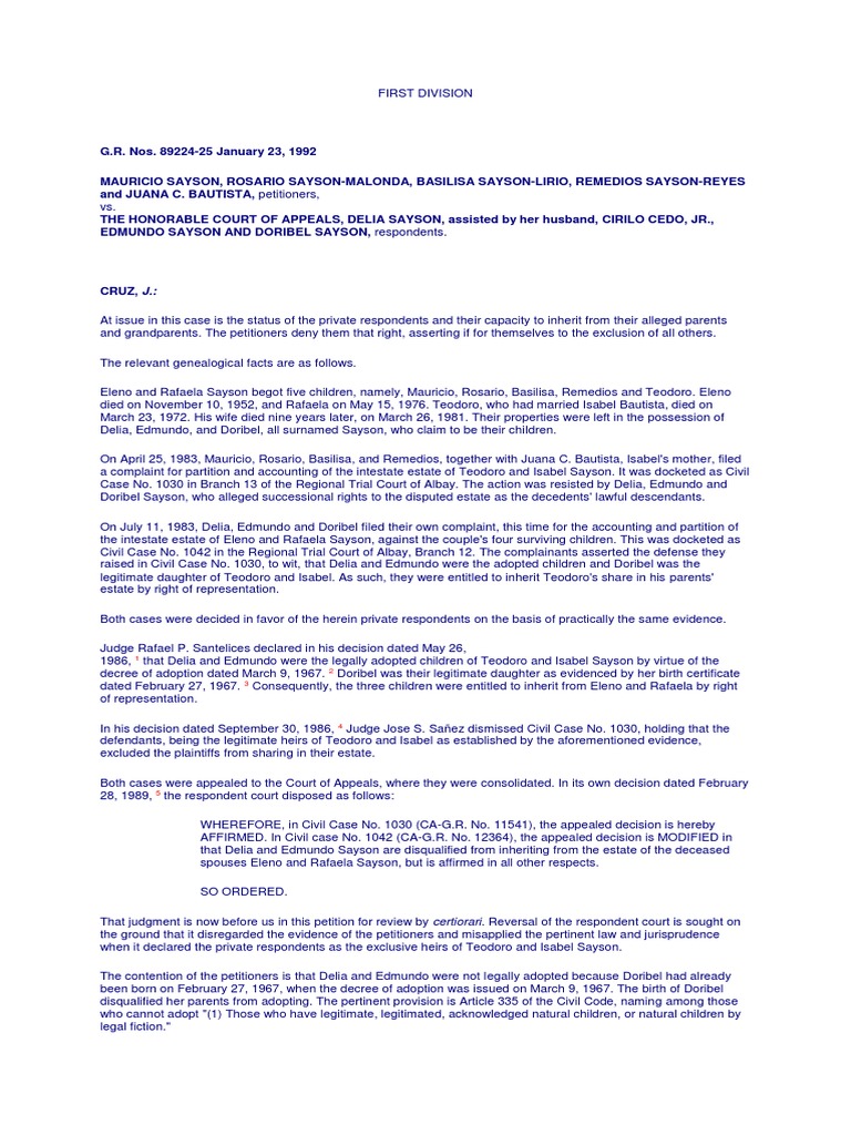 Sayson Vs CA, 205 SCRA 321, GR No. 89224-25, January 23, 1992 | PDF ...