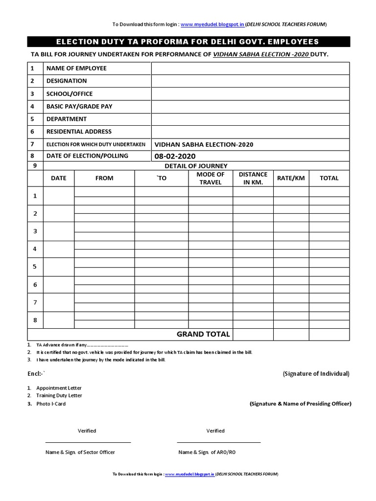 Election Duty Ta Proforma For Delhi Govt-2020 | PDF