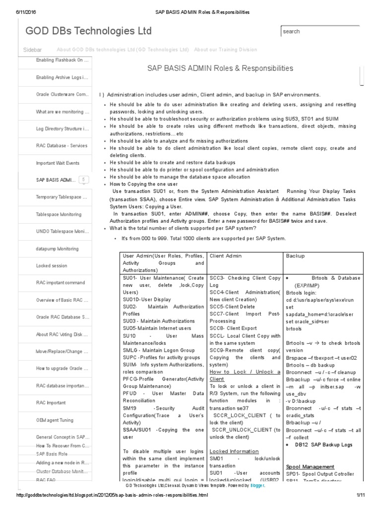 SAP BASIS ADMIN Roles & Responsibilities | PDF | Databases | Operating System