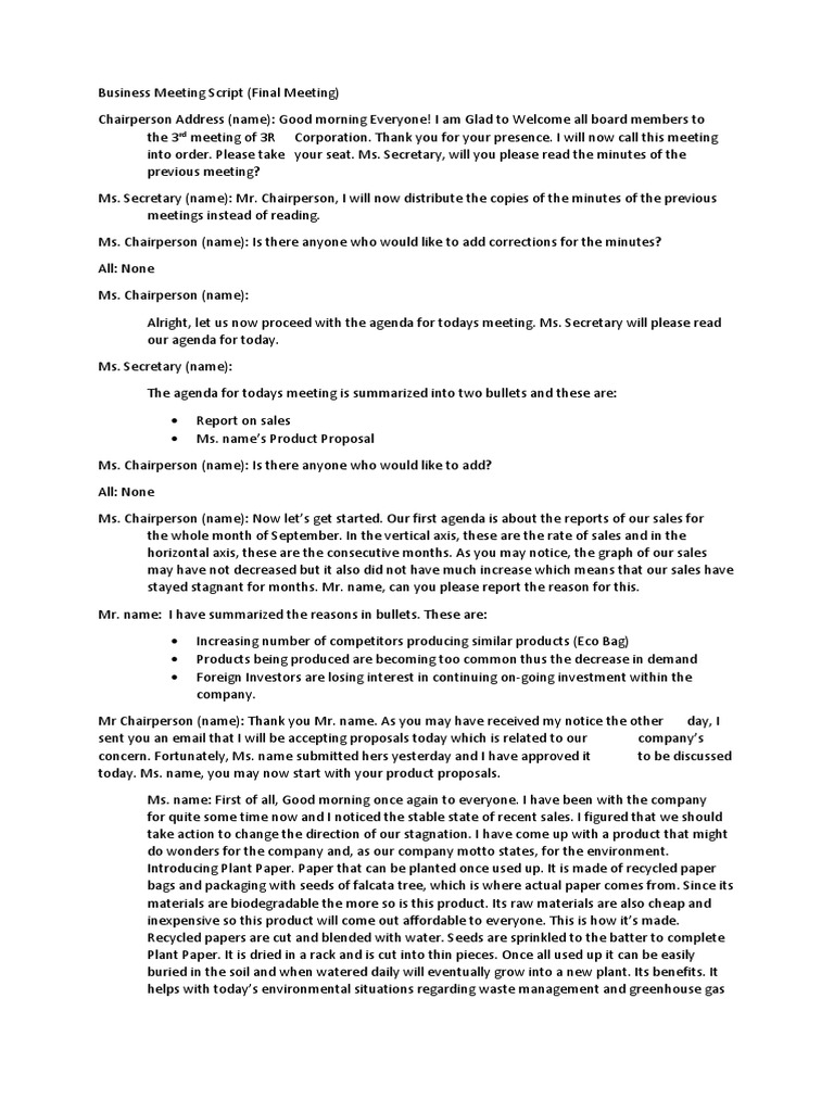 Business Meeting Script | PDF | Economy And The Environment | Paper
