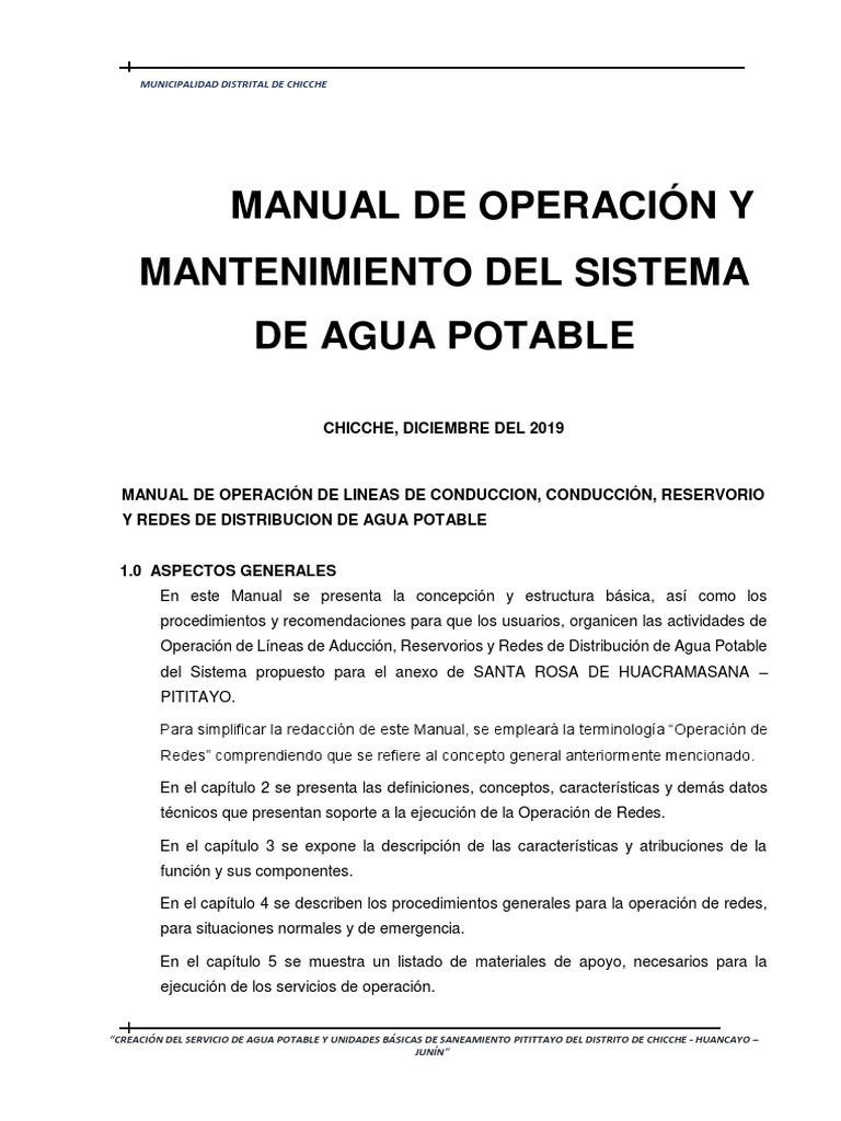 13.01 Manual Operacion y Mantenimiento Sistema de Agua Potable | PDF | Reservorio | Saneamiento