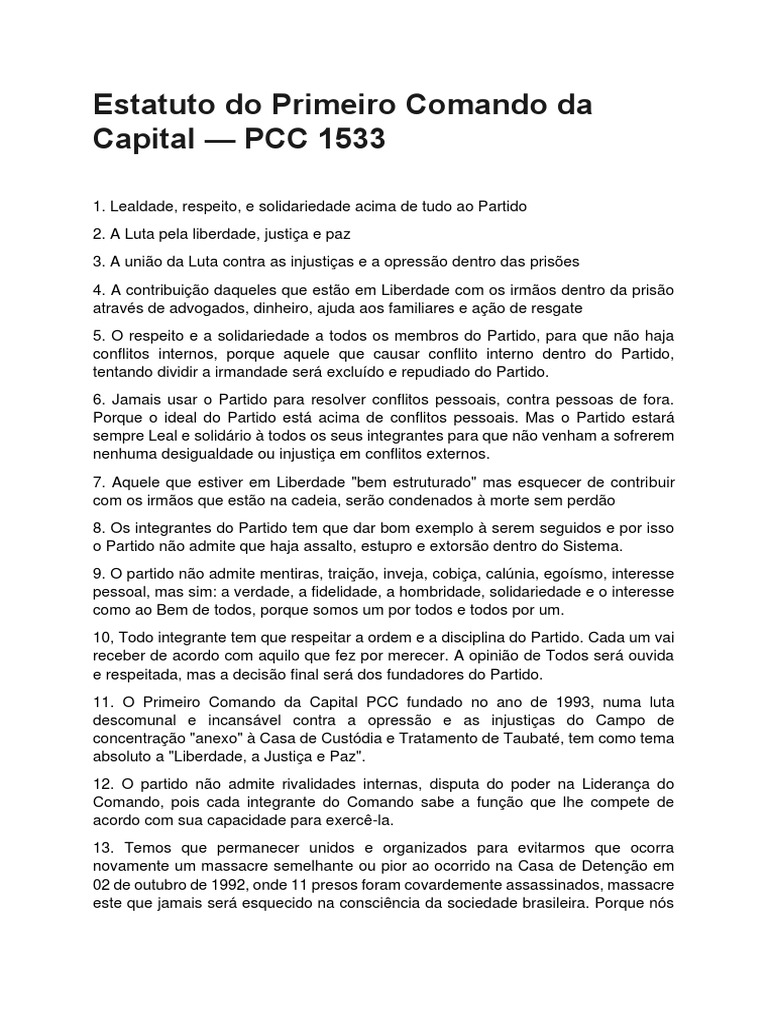 Estatuto fundador do Primeiro Comando da Capital (PCC): princípios ...