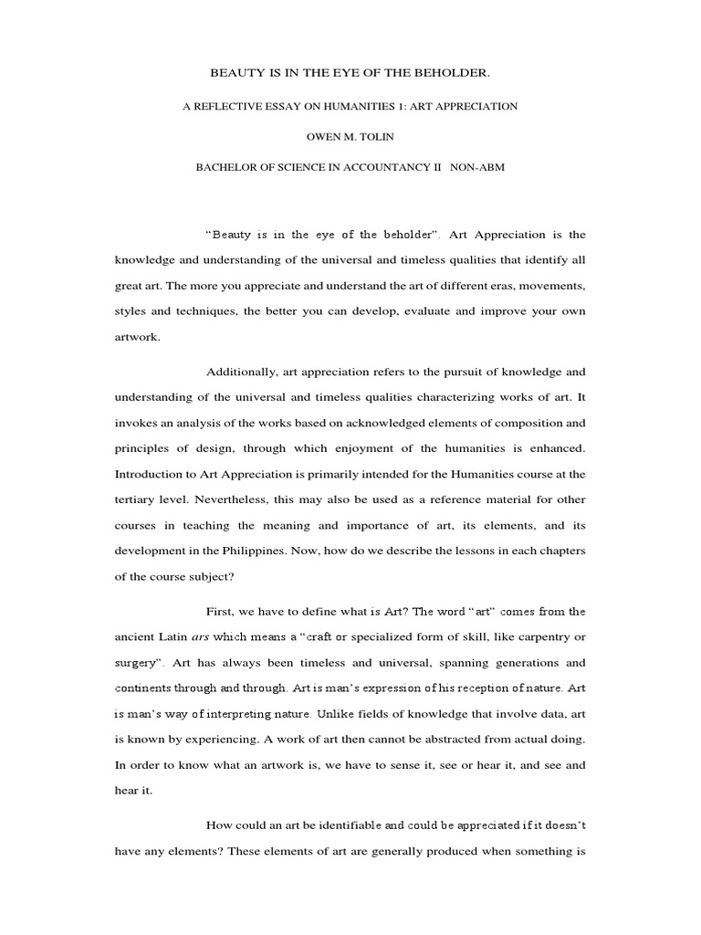 Reflective Essay On Art Appreciation | PDF | Humanities | Perception