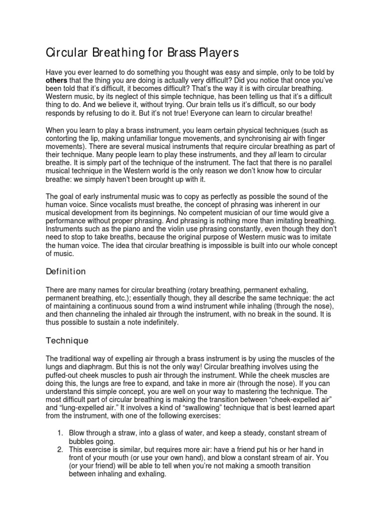 Circular Breathing For Brass Players | PDF | Breathing | Leisure