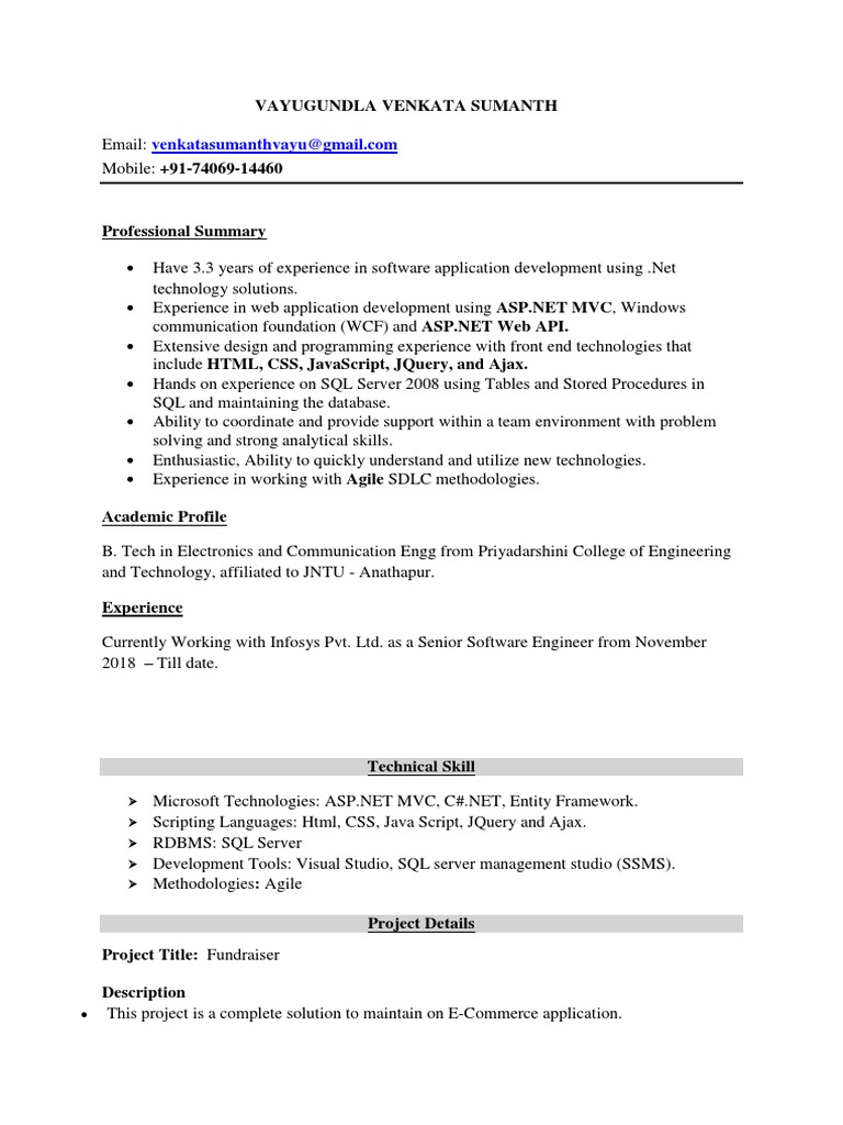 .NET Developer Resume - 3.3 Years Experience | PDF | Web Application ...