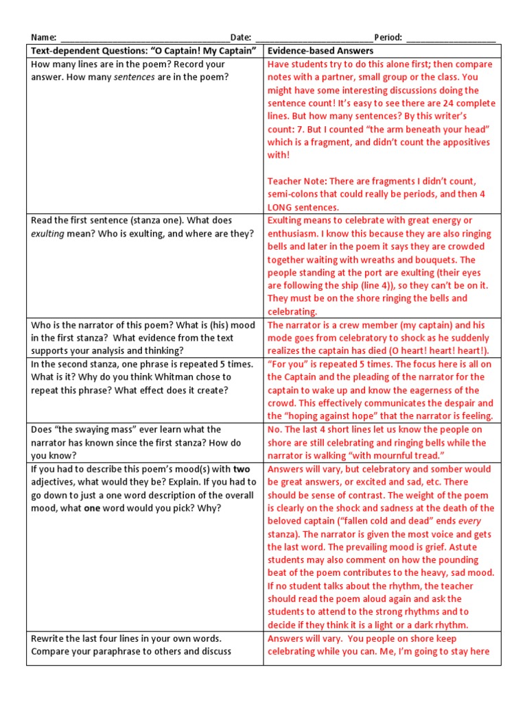 Text-Dependent Question Answer Key For O Captain! My Captain | PDF ...
