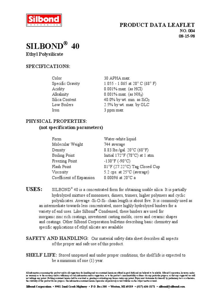 SILBOND 40 ETHYL POLYSILICATE PRODUCT DATA | PDF | Silicon Dioxide ...