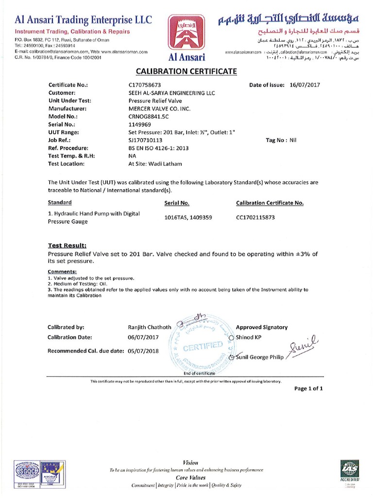 Pressure Relief Valve Certificate PDF | PDF