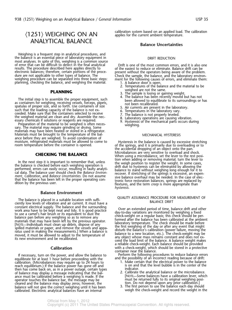 1251 - WEIGHING ON AN ANALYTICAL BALANCE - USP Chapter | PDF | Weight ...