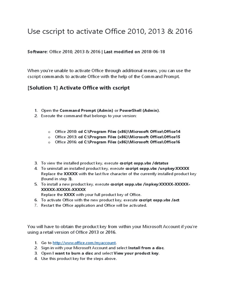 Use Cscript To Activate Office 2010, 2013 & 2016 | PDF | Microsoft ...