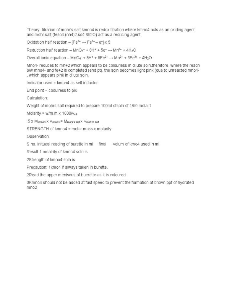 Mohr SALT CHEAT SHEET | PDF | Redox | Titration