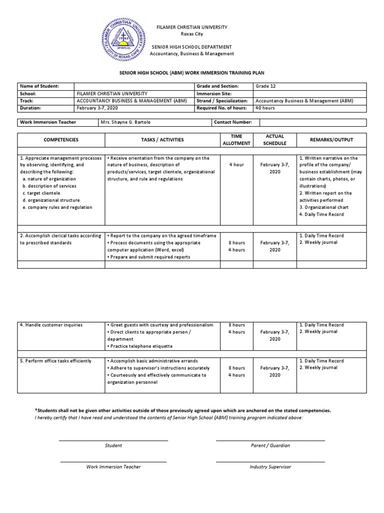 ABM Work Immersion Training Plan | PDF | Business | Learning