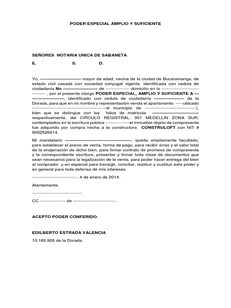 PODER Amplio y Suficiente Venta Apto | PDF