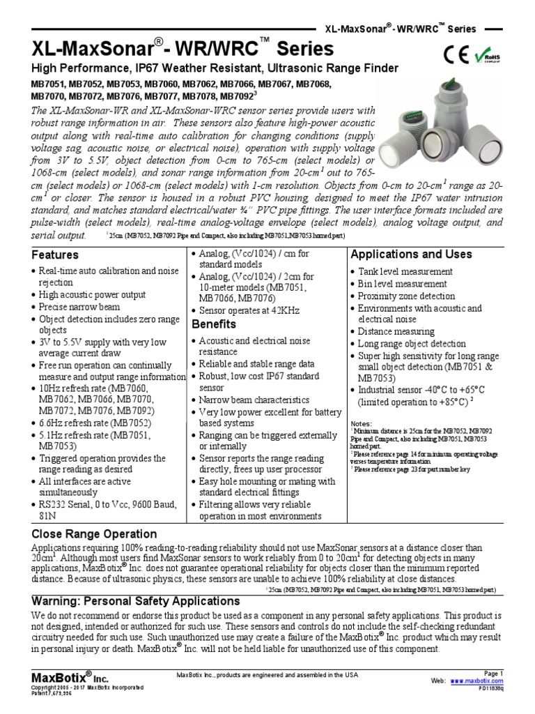 XL MaxSonar WR - Datasheet PDF | PDF | Sensor | Ultrasound
